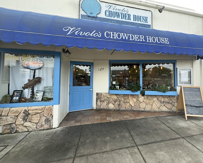 Vivolo's Chowder House's classic blue awning signals you've found Pacific Grove's hidden gem for seafood lovers.