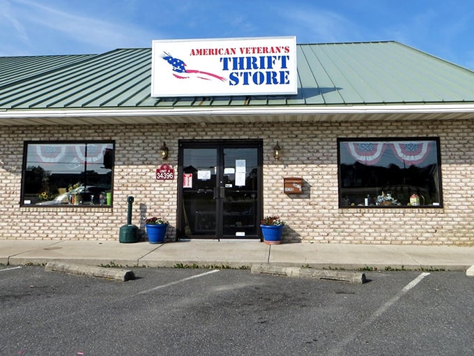 The charming stone exterior of American Veteran's Thrift Store feels like coming home. Your purchases help heroes who served.