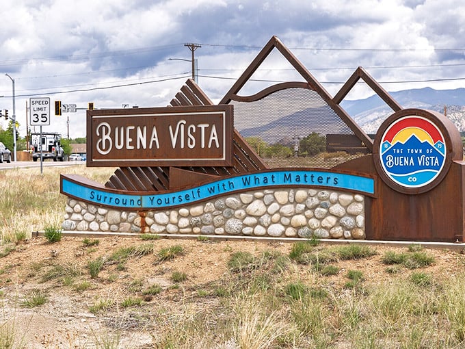 The welcoming sign says it all: "Surround Yourself With What Matters" – in Buena Vista, that means mountains, rivers, and big skies.