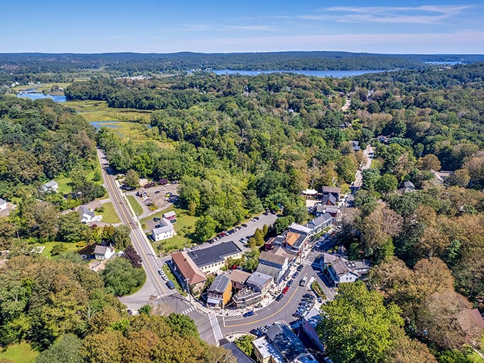 Chester from above reveals its perfect setting along the Connecticut River, surrounded by lush greenery and historic charm.