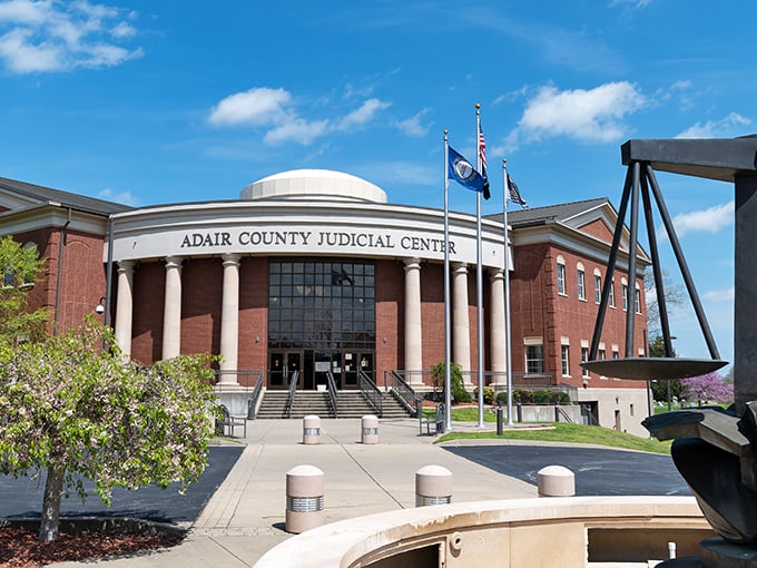 The impressive Adair County Judicial Center stands as Columbia's architectural crown jewel – columns and all.
