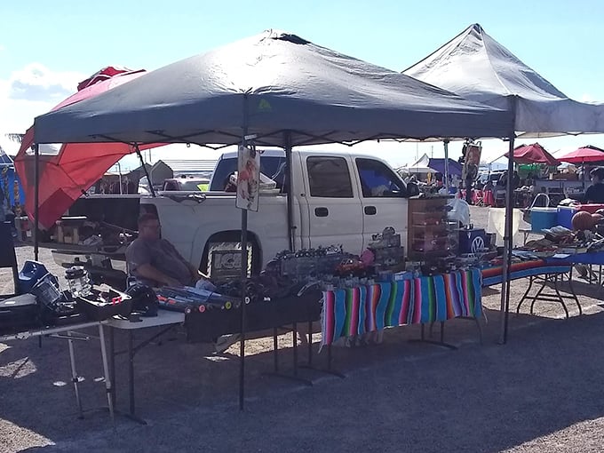 Simple tables loaded with possibilities. The Coolidge Swap Meet's no-frills approach lets the treasures speak for themselves.
