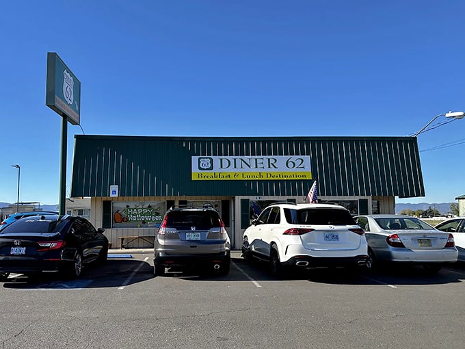 Parked cars tell the story at Diner 62—locals know where the good stuff is. Follow the crowd to pancake heaven.