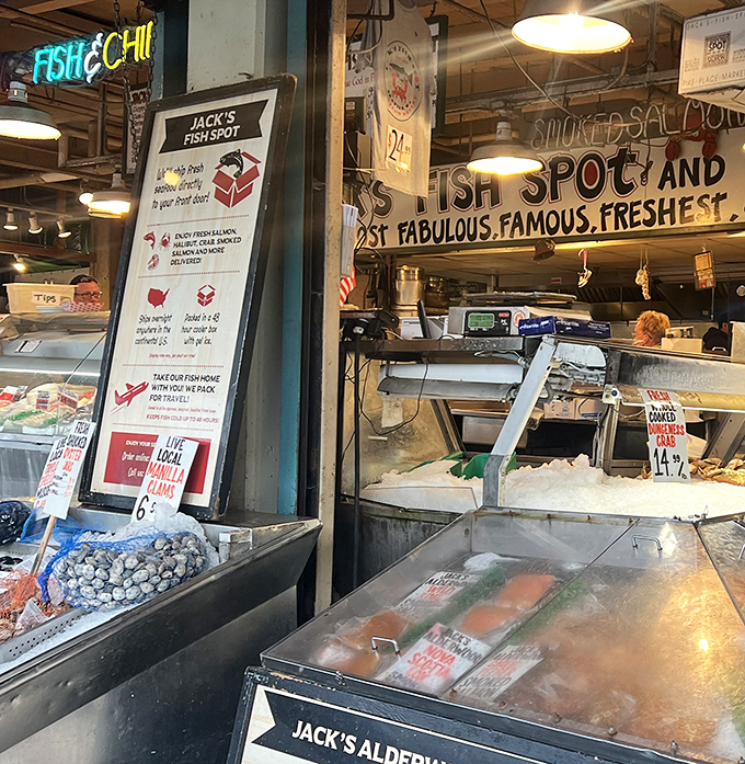 Inside Pike Place Market, Jack's display case showcases the Pacific Northwest's finest catch like edible works of art.