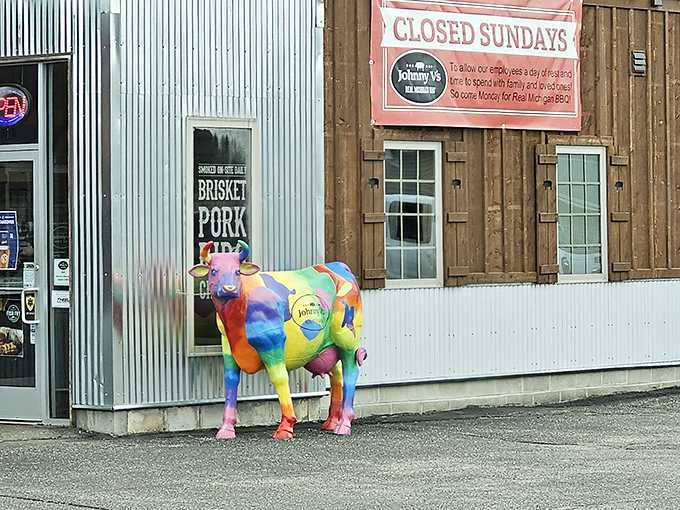 The rainbow-colored cow outside Johnny V's is like a psychedelic dream – a hint at the mind-blowing flavors waiting inside.