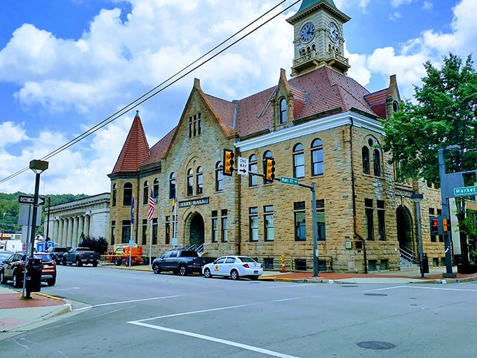 The golden facade of this Johnstown building pops against its brick neighbors—architectural variety that keeps retirement visually interesting.
