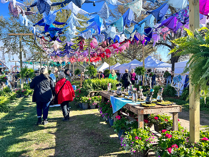 Colorful fabric canopies transform ordinary shopping into an outdoor festival celebrating forgotten finds and memories.