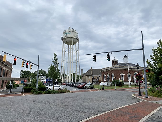 The water tower watches over Milford like a friendly giant keeping tabs on the neighborhood.