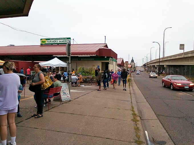 The red-roofed stalls create Minneapolis's most colorful shopping street, minus the parking meters and fancy prices.