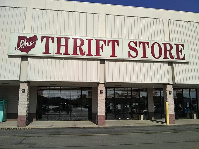 The clean white exterior and ample parking suggest serious thrift shopping adventures await inside here.