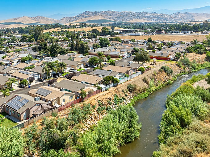 This aerial perspective shows suburban living that doesn't require suburban prices, nestled against California's golden foothills.