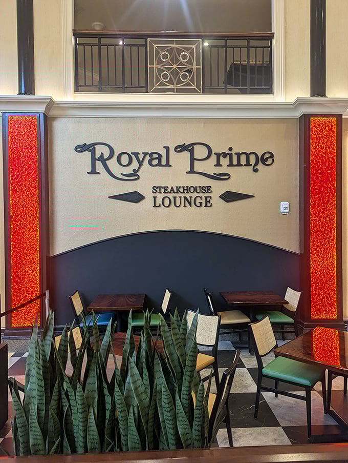 The sophisticated lounge at Royal Prime whispers promises of cocktails and conversations that flow as smoothly as their béarnaise sauce.