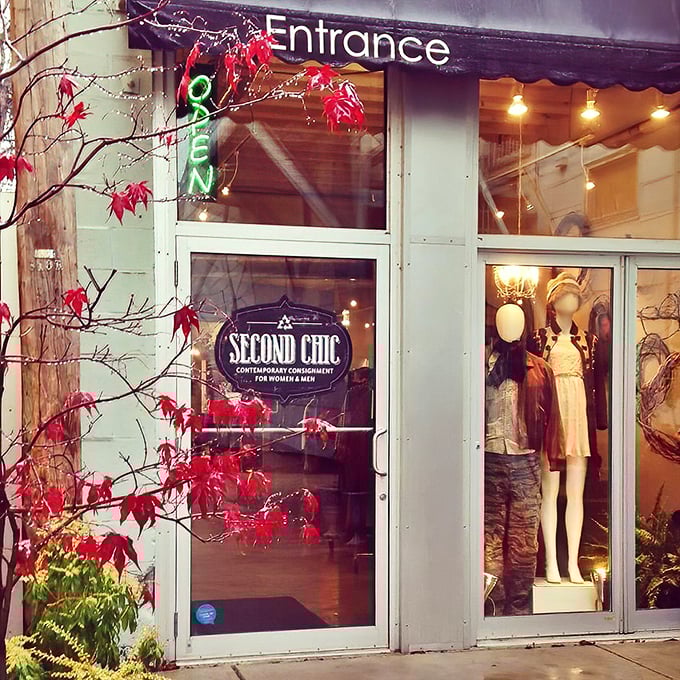 Second Chic: Those red maple leaves frame the entrance perfectly. Step inside for contemporary consignment with seasonal charm.