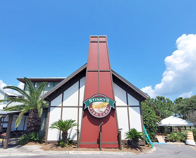 Don't let the name fool you—Stinky's Fish Camp's impressive architecture and palm-lined entrance promise seafood that's anything but malodorous!