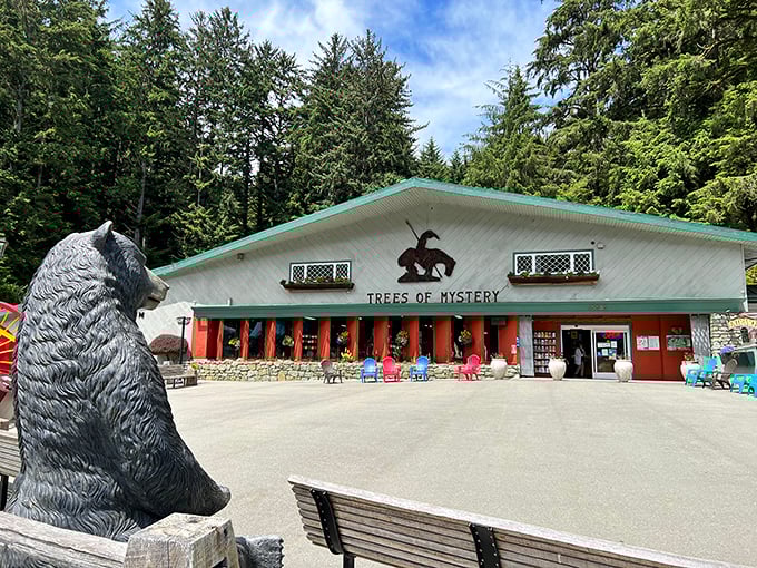The Trees of Mystery welcome center stands guard at the entrance to a world of towering redwood wonders.