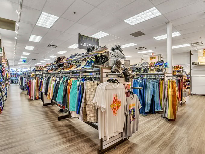 Clean lines and bright displays transform thrift shopping into something that feels refreshingly boutique-like and organized.