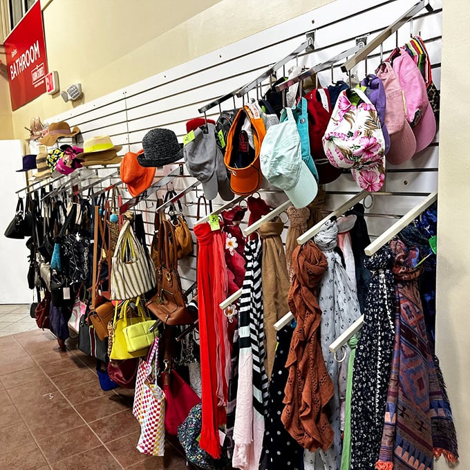 Accessories galore! A rainbow of handbags, scarves, and hats that whisper, "Take me home, I'll make that outfit pop!"