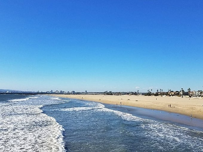 From this bird's eye view, Seal Beach reveals its perfect geometry—where orderly streets lead inevitably to the freedom of the ocean.