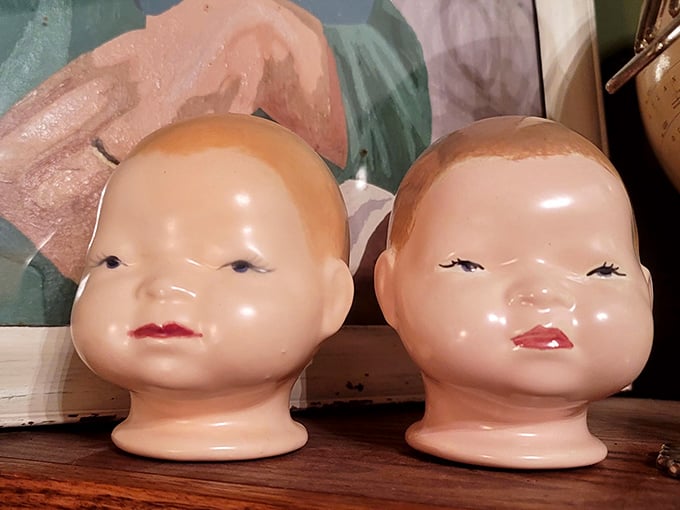 These vintage doll heads might haunt your dreams or complete your collection—the fine line between creepy and collectible is entirely subjective.