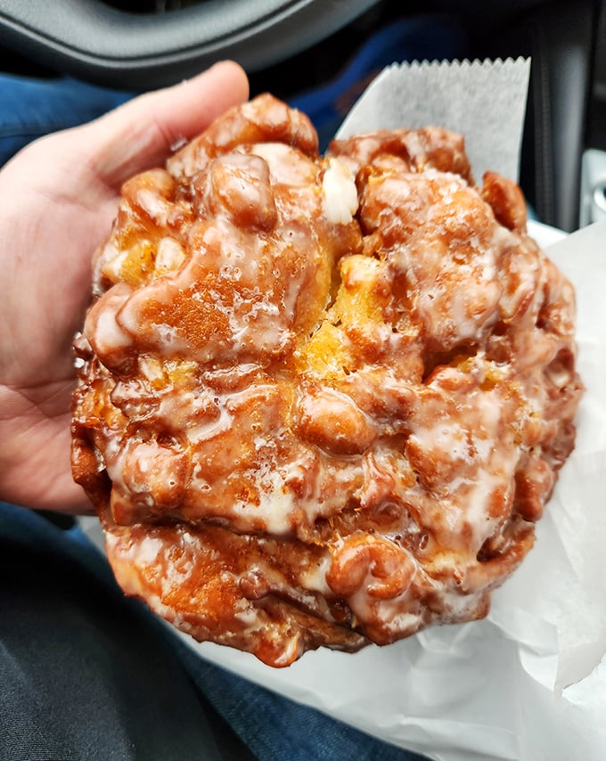 The legendary apple fritter—a topographical marvel of crispy peaks and valleys hiding pockets of cinnamon-kissed apple. Worth every sticky finger. 