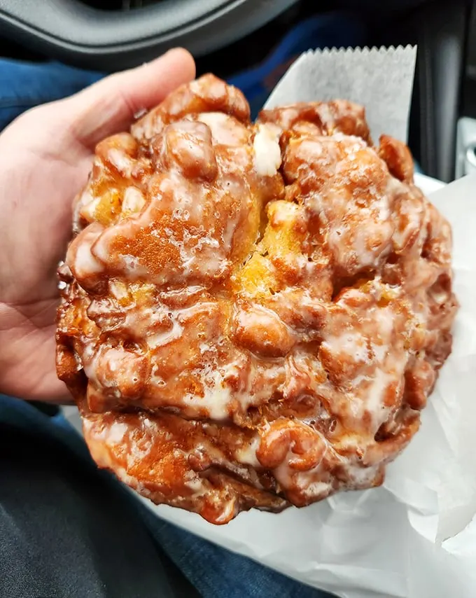 The legendary apple fritter—a topographical marvel of crispy peaks and valleys hiding pockets of cinnamon-kissed apple. Worth every sticky finger.