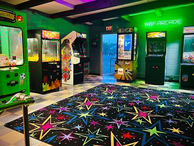 The arcade room—where neon dreams and vintage games create the perfect intermission adventure between double features.