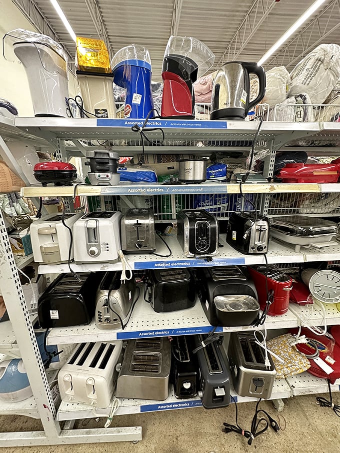 The small appliance graveyard—where bread machines and juicers get their second act after being banished from countertops everywhere.