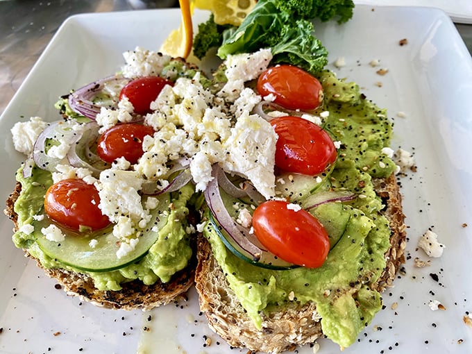 Avocado toast that would make millennials weep with joy. Feta, cherry tomatoes, and red onion elevate this from trend to tradition.