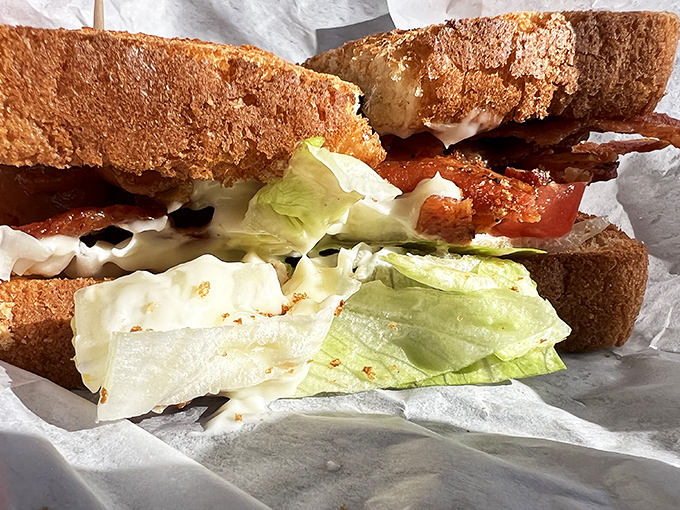 This isn't just any BLT—it's what happens when perfectly toasted bread meets the ideal ratio of bacon, lettuce, and tomato. Sandwich geometry perfected.