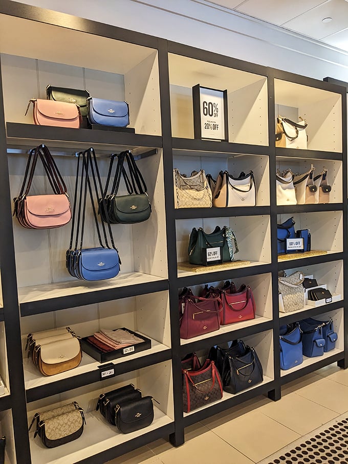 Coach bags lined up like soldiers ready for duty—protecting wallets, phones, and lipsticks while making fashion statements that whisper "I got this for 60% off" with every swing.