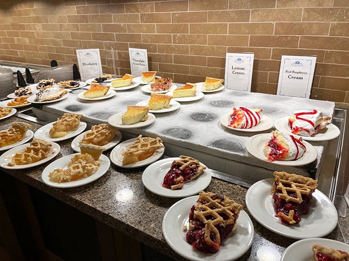 The pie display at Blue Gate isn't just dessert – it's an art gallery where every masterpiece is deliciously edible.