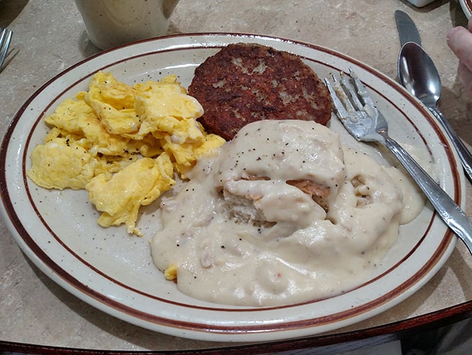 Biscuits and gravy with a side of corned beef hash—the breakfast equivalent of wearing both a belt AND suspenders. Deliciously redundant comfort.
