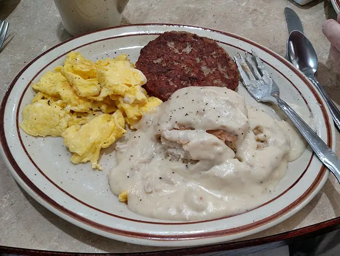 Biscuits and gravy with a side of corned beef hash—the breakfast equivalent of wearing both a belt AND suspenders. Deliciously redundant comfort.