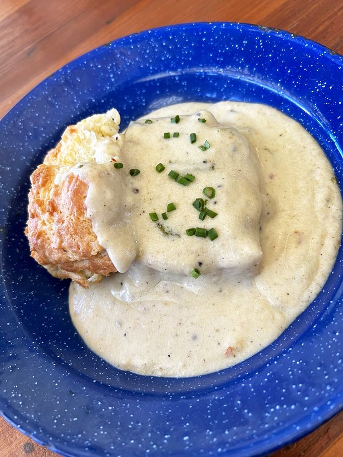 This isn't just biscuits and gravy – it's a warm hug served on speckled blue ceramic. The chives aren't garnish; they're confetti for your victory.