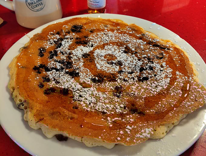 This blueberry pancake isn't just breakfast—it's edible art. The powdered sugar dusting is like fresh snow on a delicious mountain landscape.