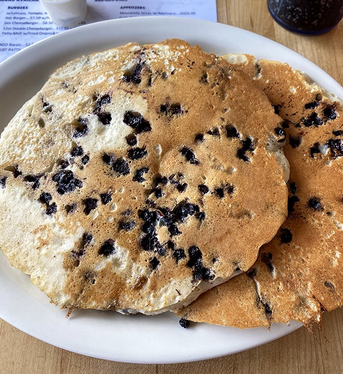 Blueberry pancakes that look like they're auditioning for a breakfast calendar shoot—fluffy, studded with berries, and practically begging for a maple syrup waterfall.