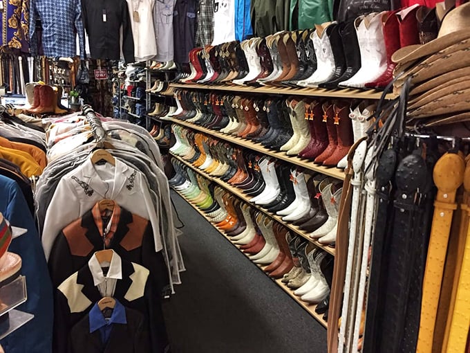 Cowboy boots in every color of the rainbow. Even John Wayne would tip his hat at this impressive collection.