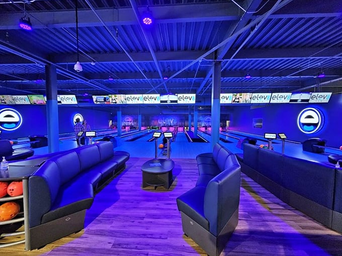 Not your grandfather's bowling alley—unless your grandfather was a fan of futuristic blue lighting and lounge-worthy seating that makes every frame feel special.