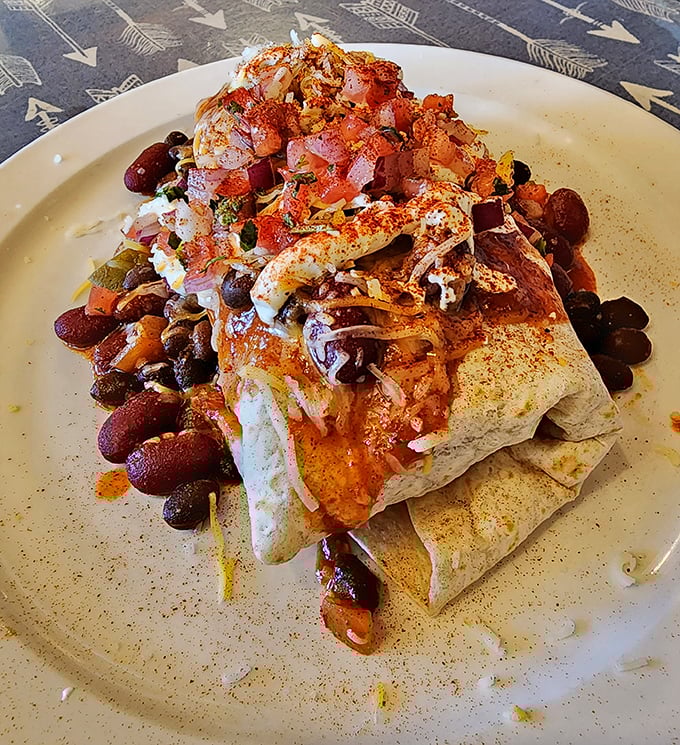 Not so much a burrito as an edible art installation—spices, beans, and cheese creating a morning masterpiece that demands attention.
