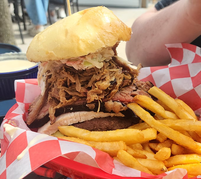 Sandwich architecture at its finest – layers of smoky goodness stacked between golden brioche, with fries standing guard against hunger.