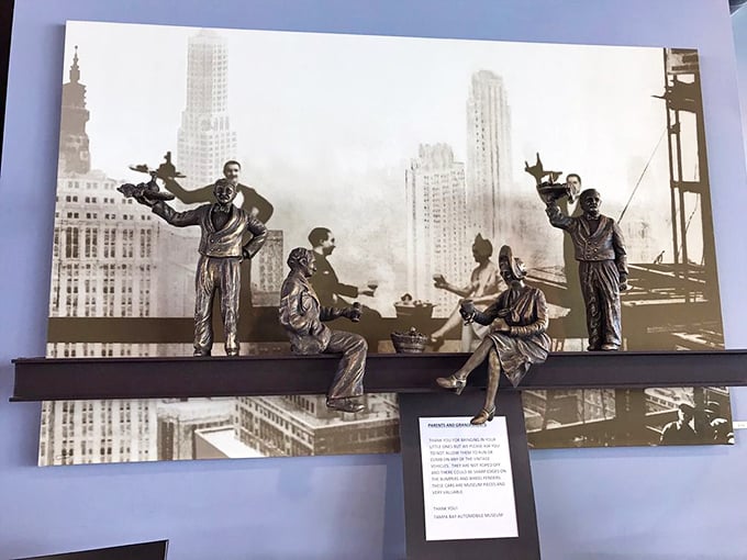 Not all treasures here have wheels. This bronze sculpture captures the daring spirit of the workers who built America's skyline, lunch pails in hand.