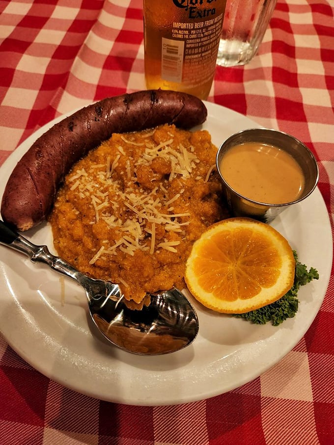 Buffalo sausage with red chile polenta—proof that frontier food wasn't just about survival. Those pioneers knew a thing or two about flavor combinations.