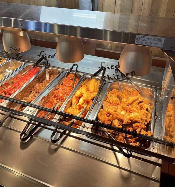 The buffet line at Gasthof isn't just food service—it's a parade of comfort classics where fried chicken reigns as grand marshal.