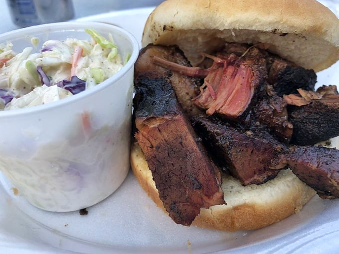 Burnt ends sandwich with creamy coleslaw—proof that the best things in life come from patience, smoke, and knowing when not to mess with perfection.