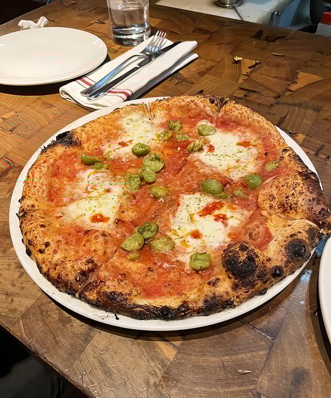 Wood-fired perfection with a blistered crust that crackles like vinyl records—this pizza makes you question every slice you've had before.