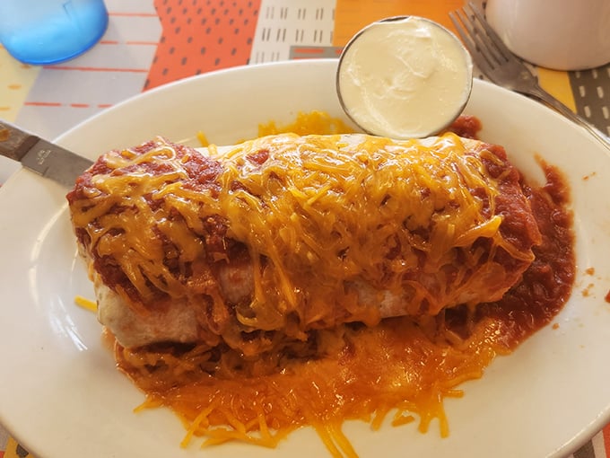 When a burrito and a small throw pillow are indistinguishable in size, you know you're at Bob's. That cheese blanket isn't just coverage—it's commitment. 