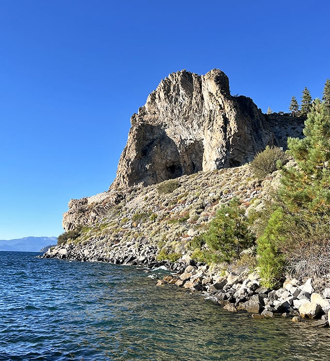 Cave Rock rises from the shoreline like a geological exclamation point, reminding you that nature does drama exceptionally well.