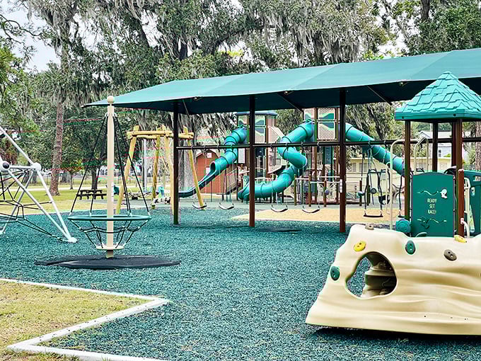 This playground promises childhood joy without the need for batteries or Wi-Fi—just good old-fashioned fun under the watchful gaze of moss-draped oaks.