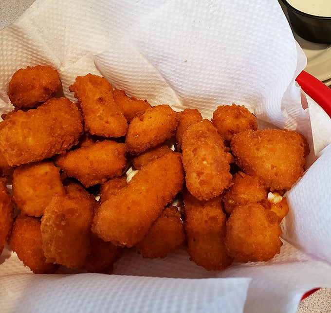 Golden cheese curds arrive hot and crispy, proving that Wisconsin doesn't have a monopoly on fried cheese perfection.
