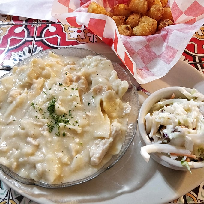 Comfort in a bowl – these chicken and dumplings could make even the toughest cowboy misty-eyed with nostalgic delight.